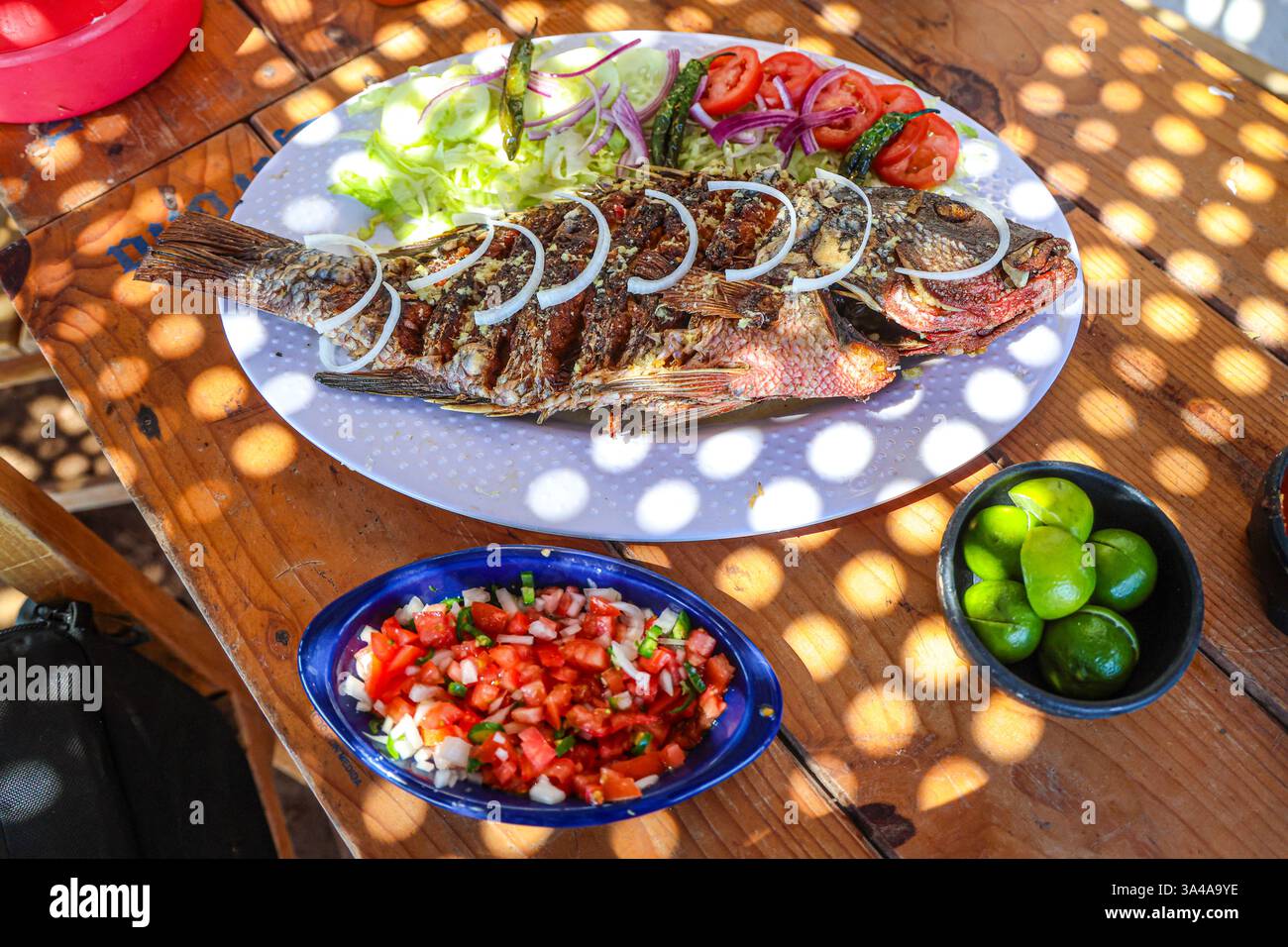 Fried snapper with garlic at El Dolphin restaurant on the beach in ...