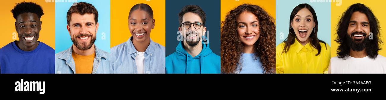 Diverse group of happy people expressing joy in colorful settings Stock ...