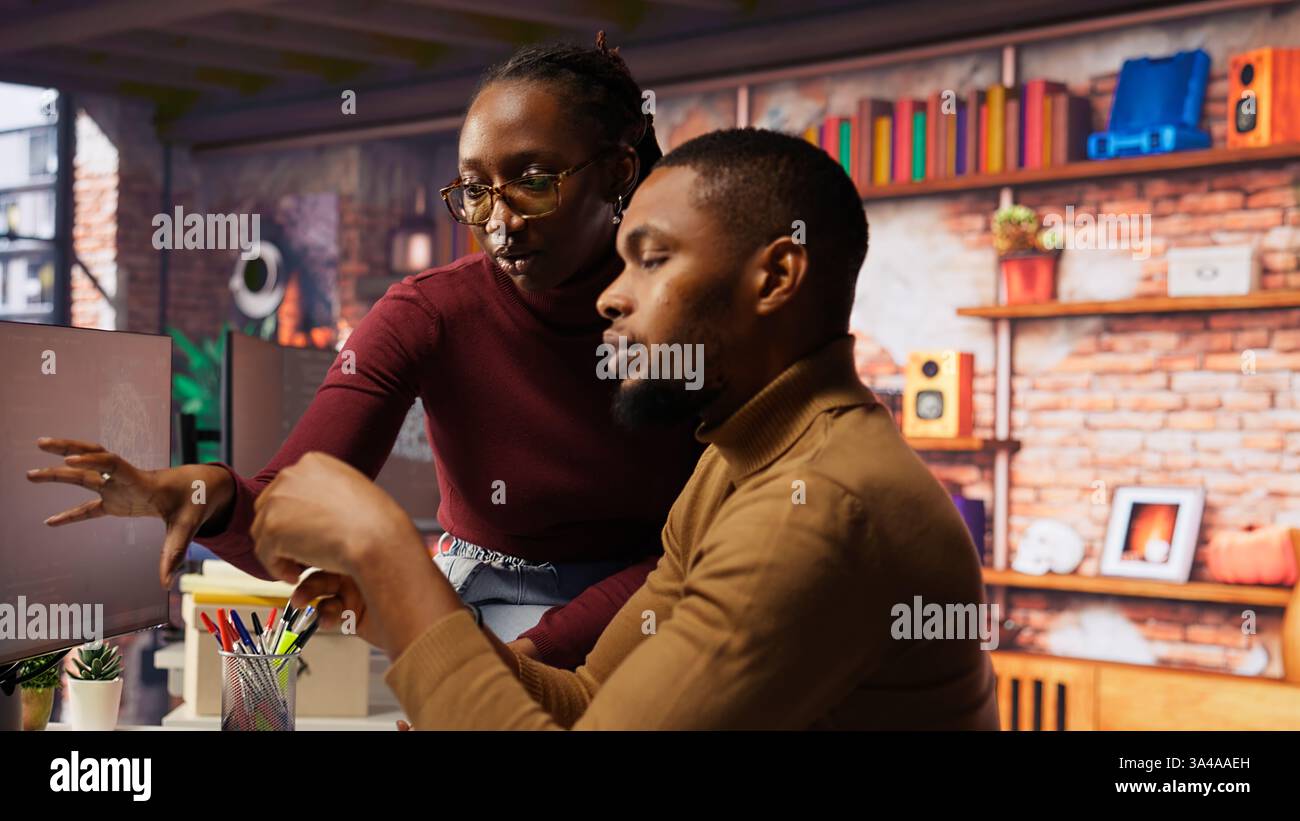 Teamworking startup engineers brainstorming, working with machine learning tech advancing AI. AI ...