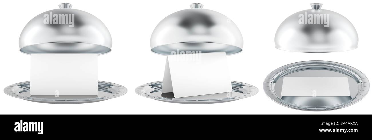 Restaurant cloches with blank table cards, 3D rendering isolated on ...