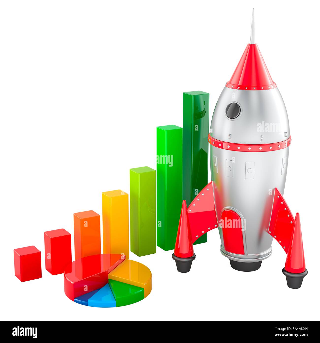Rocket with growth bar chart and pie chart, 3D rendering isolated on ...