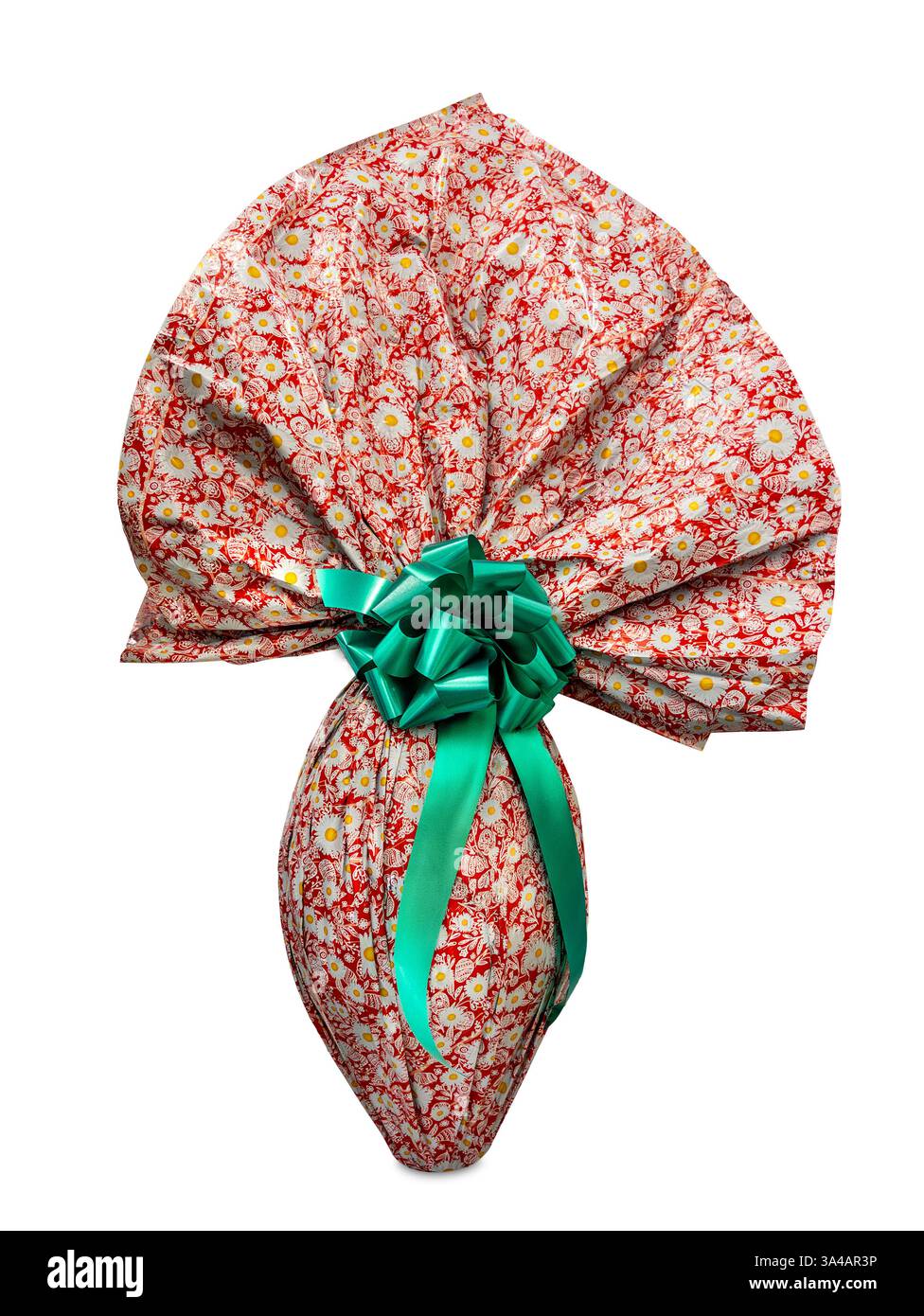 Easter chocolate egg wrapped in red paper with white daisies designs on ...