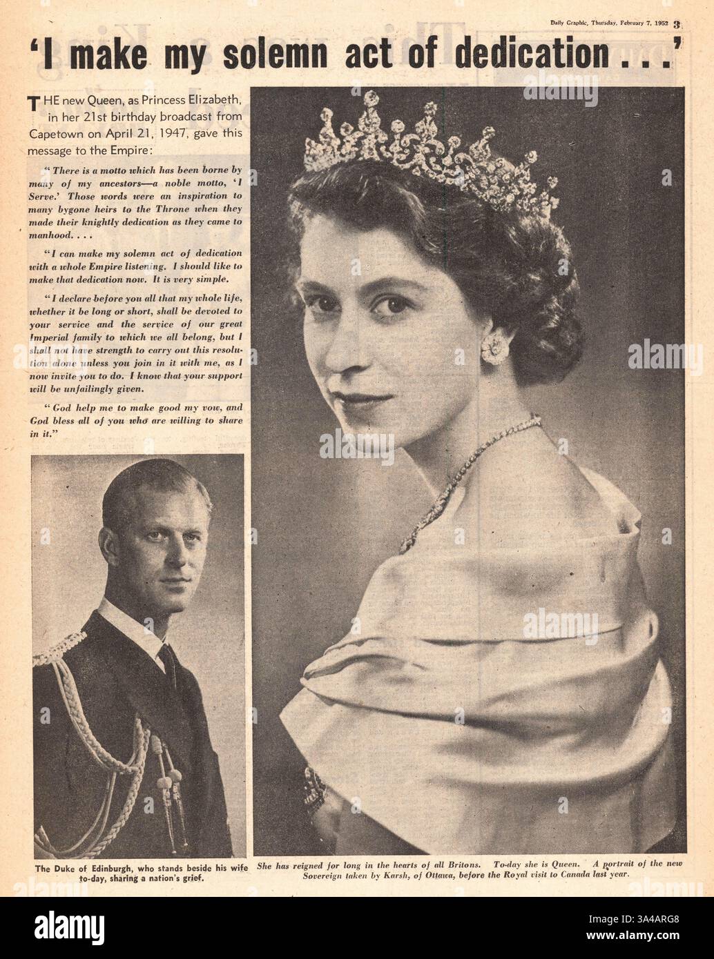 1952 back page reporting Queen Elizabeth message to Empire after death ...