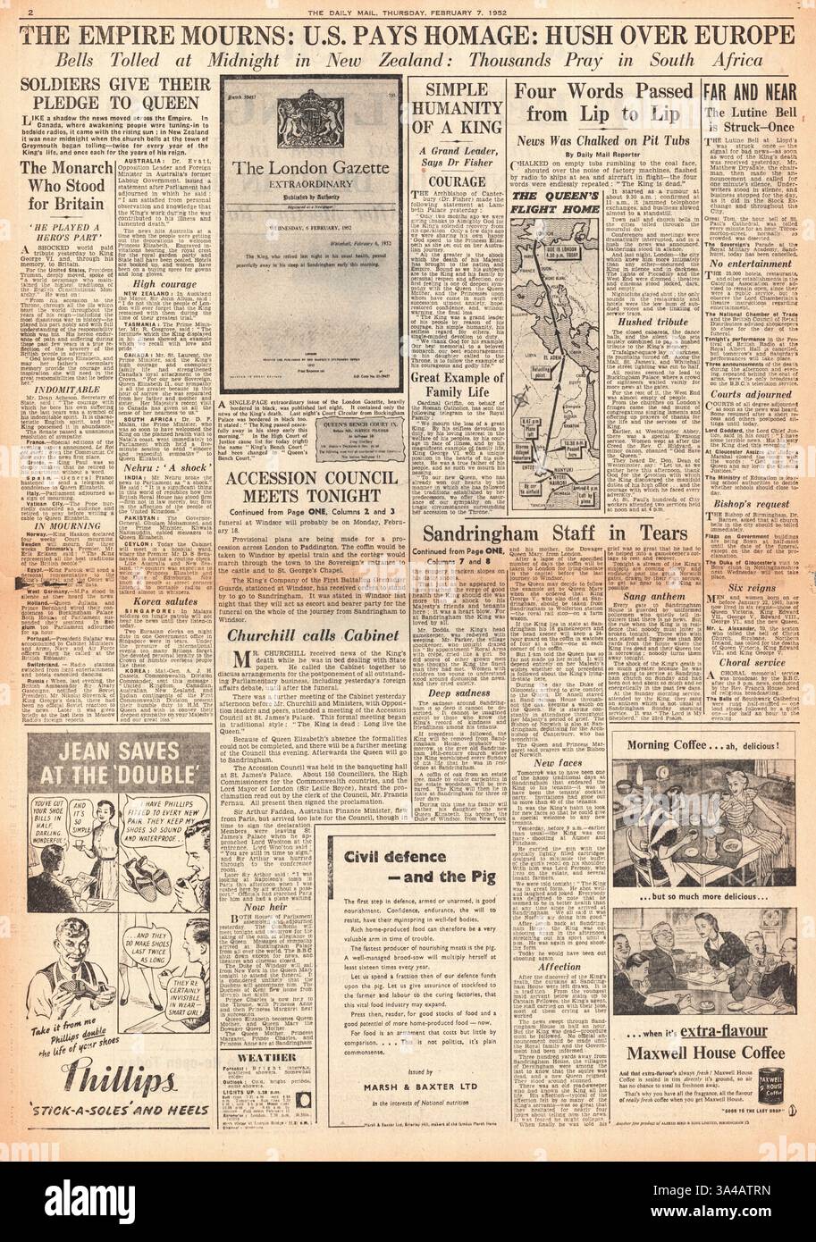 1952 Daily Mail page 2 reporting the death of King George VI Stock ...