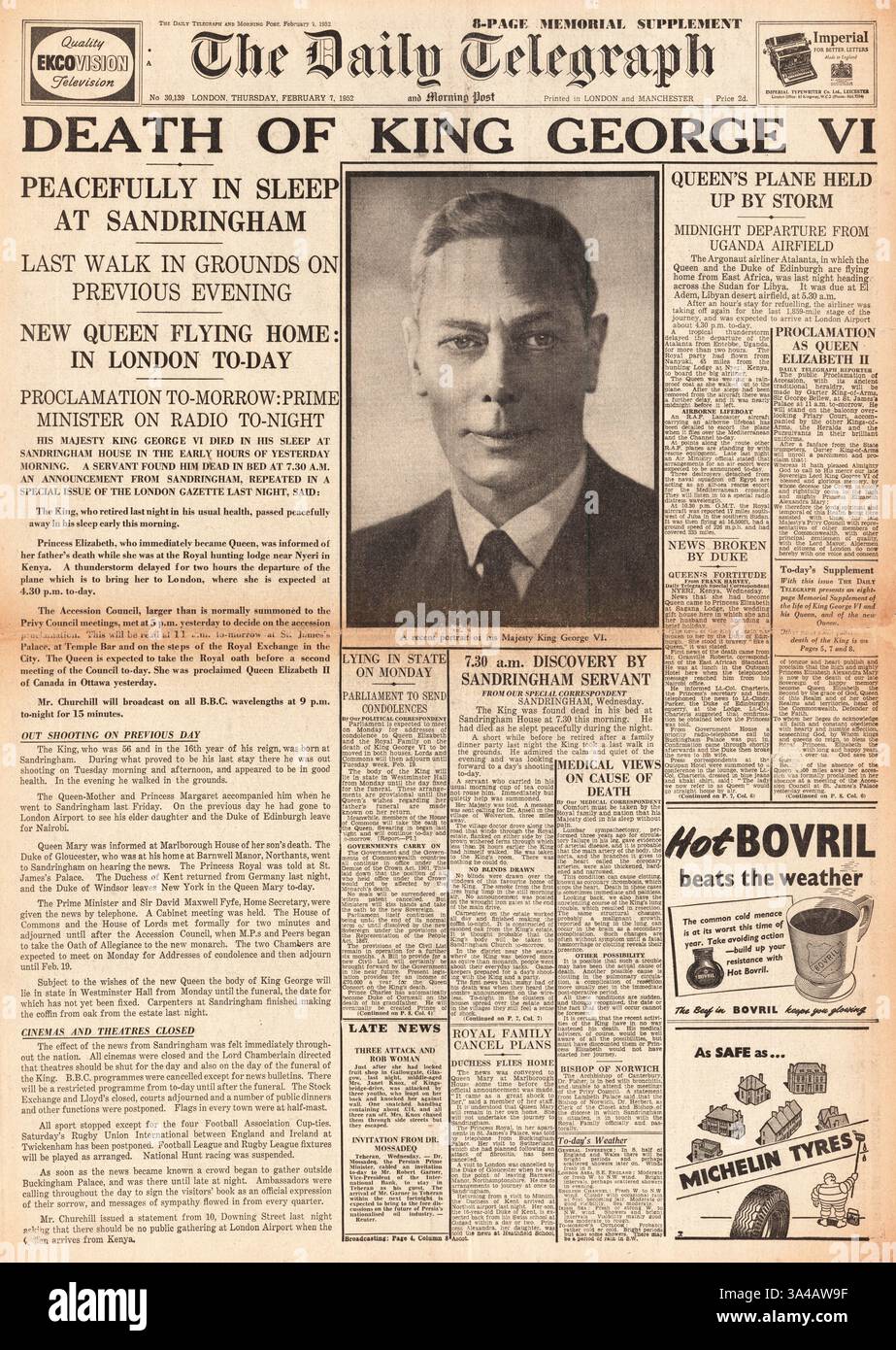 1952 Daily Telegraph front page reporting the death of King George VI ...