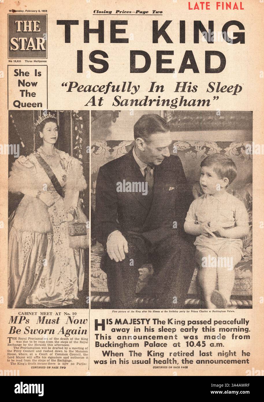 1952 The Star front page reporting the death of King George VI Stock ...