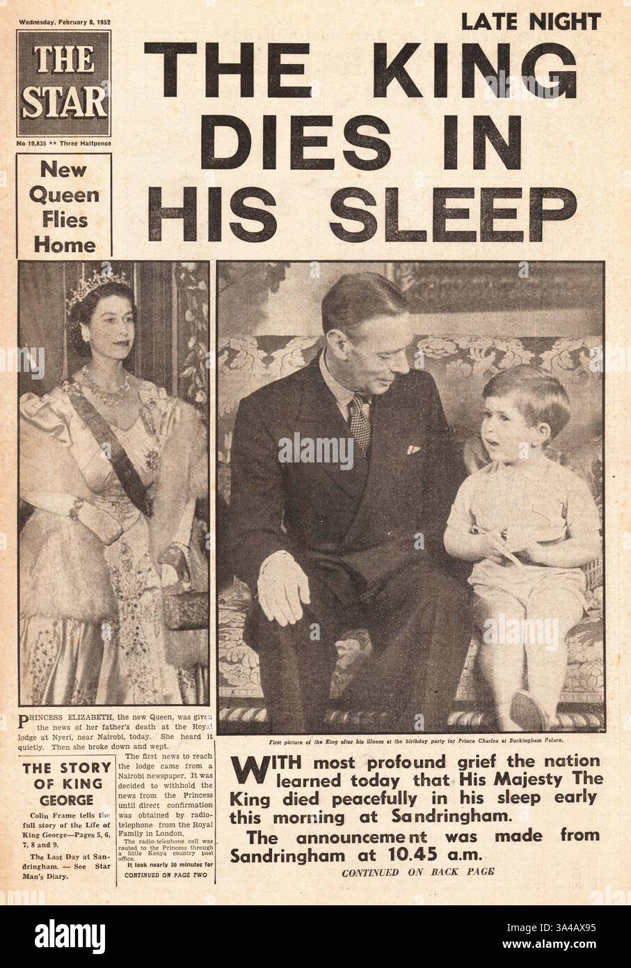 1952 The Star front page reporting the death of King George VI Stock ...