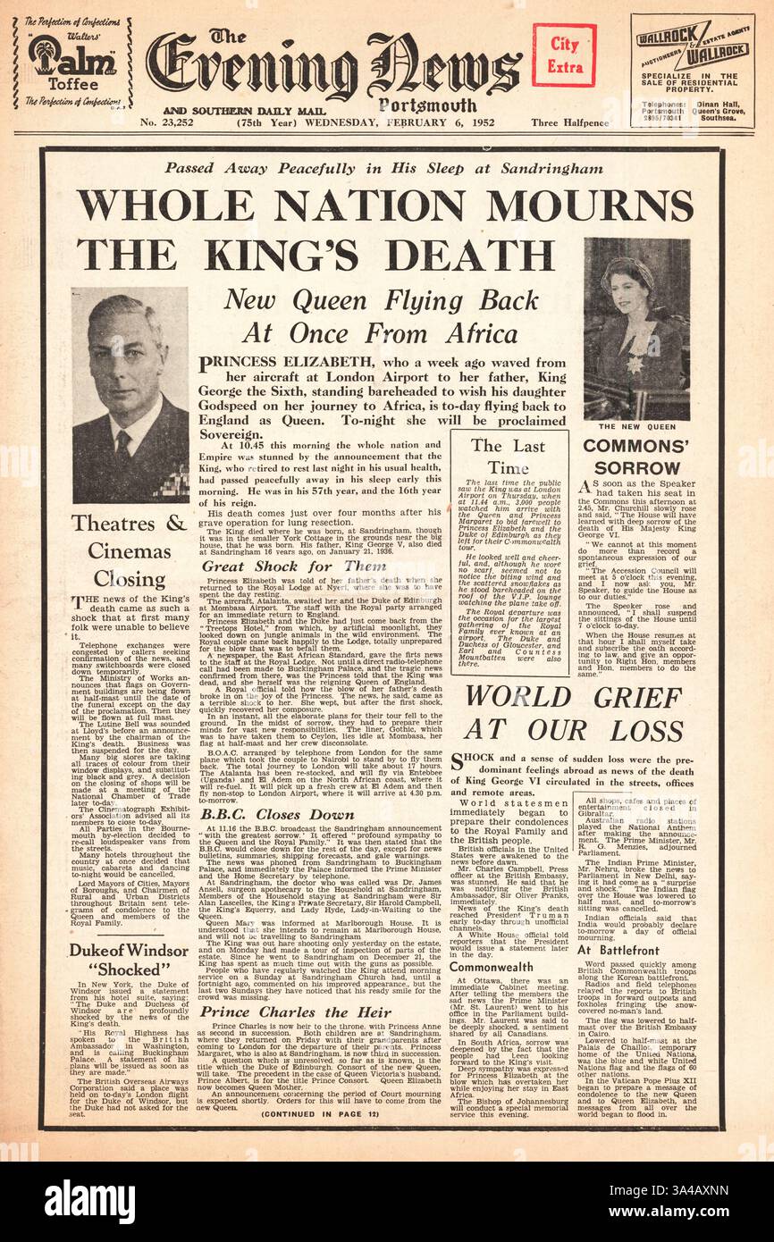 1952 Evening News (Portsmouth) front page reporting the death of King ...
