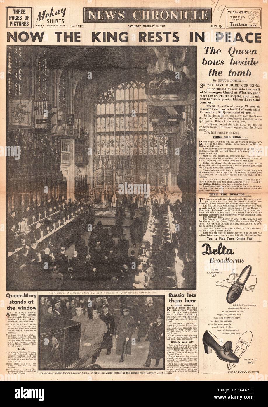 1952 News Chronicle front page reporting Funeral of King George VI at ...