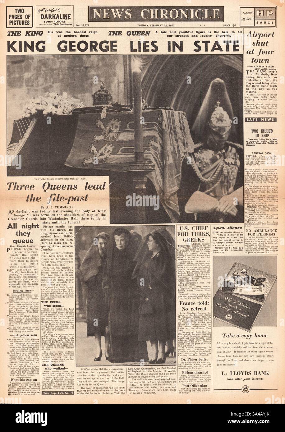 1952 News Chronicle front page reporting Lying-in-state of King George ...