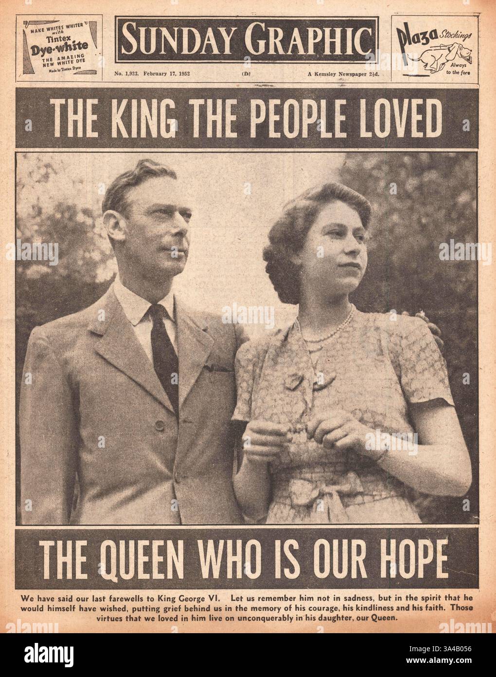 1952 Sunday Graphic front page reporting the death of King George VI ...