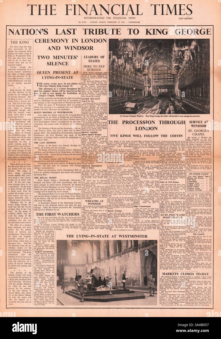 1952 Financial Times front page reporting Funeral of King George VI at ...
