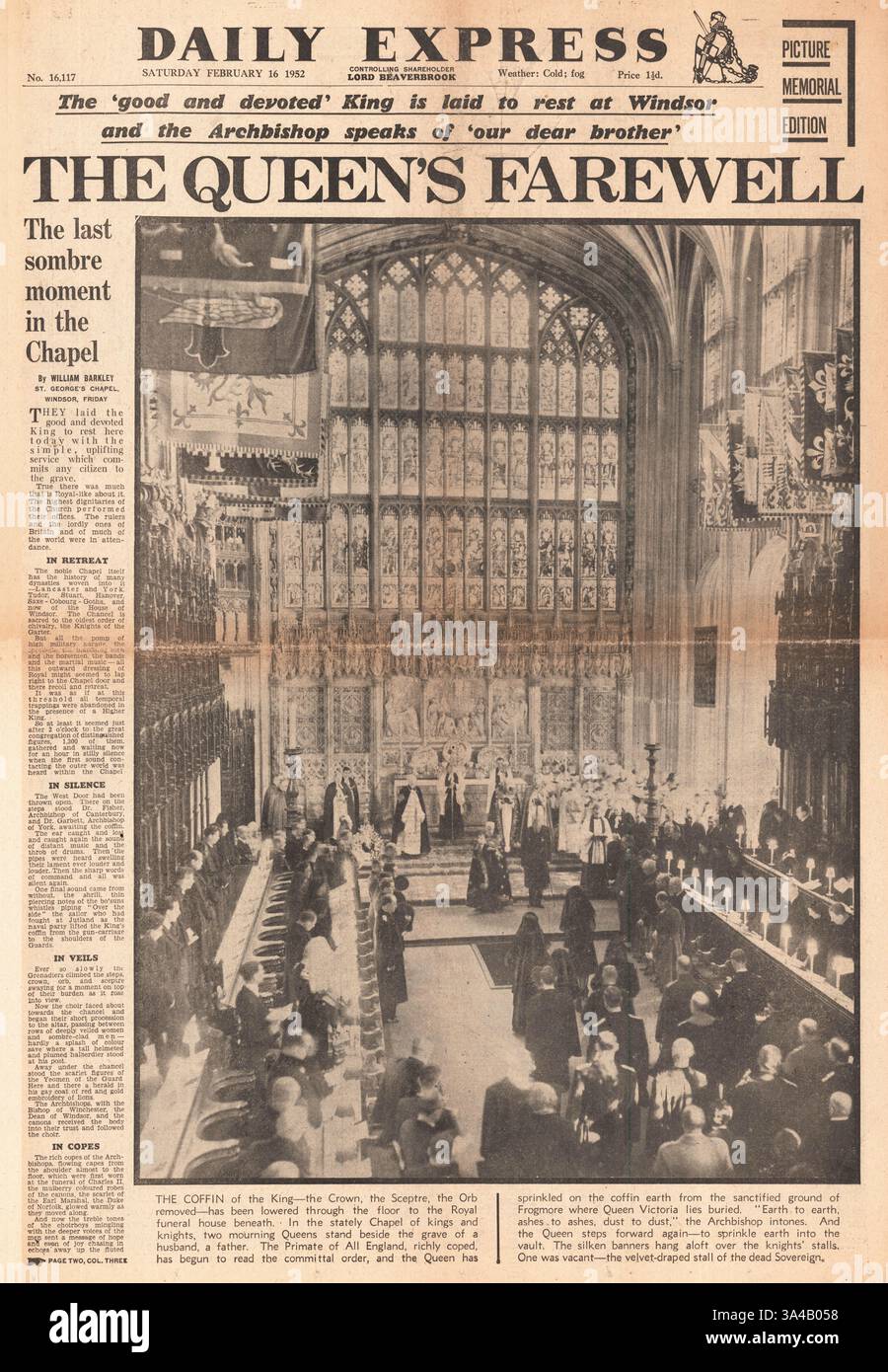 1952 Daily Express front page reporting Funeral of King George VI at St ...