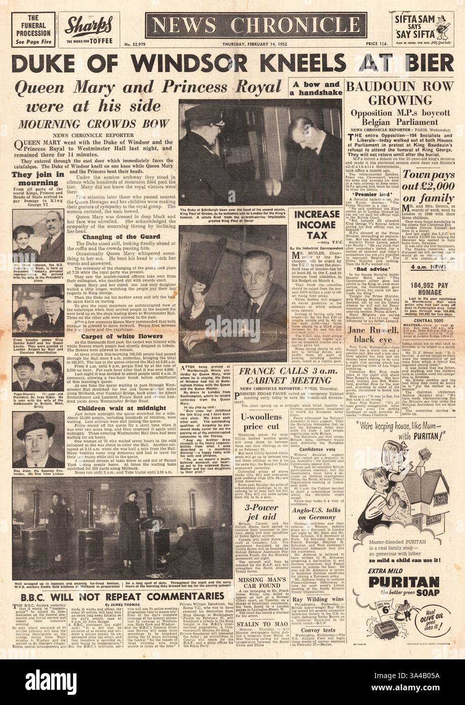 1952 News Chronicle front page reporting Lying-in-state of King George ...