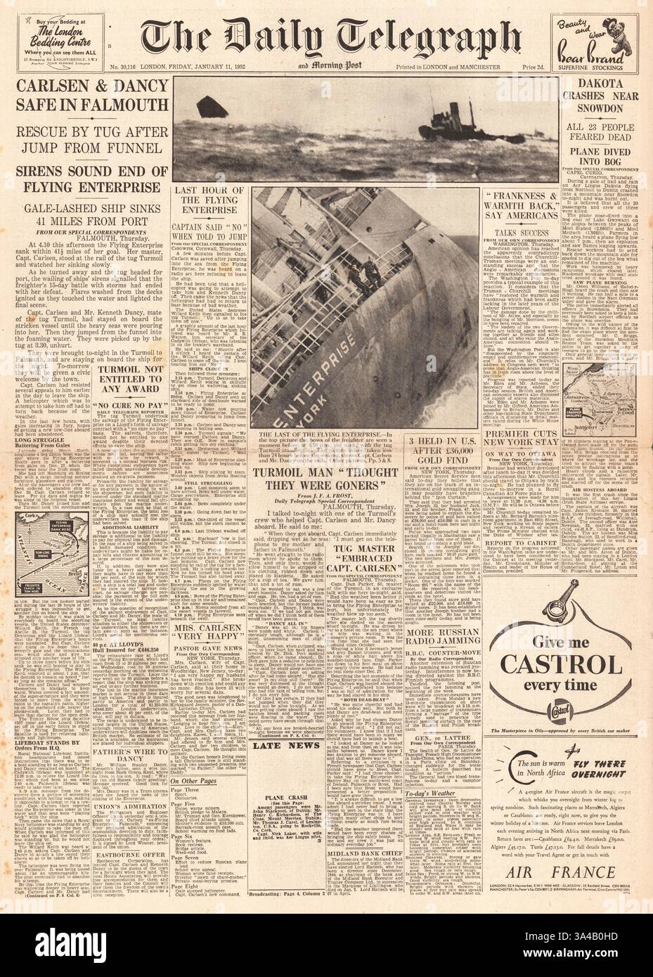 1952 Daily Telegraph front page reporting the sinking of the SS Flying ...