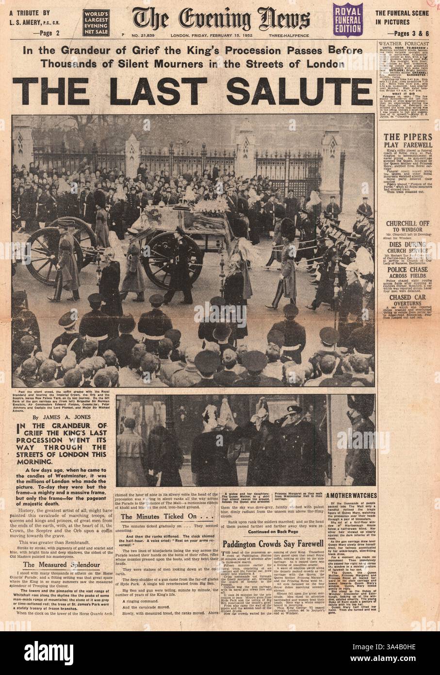 1952 Evening News front page reporting Funeral of King George VI at St ...