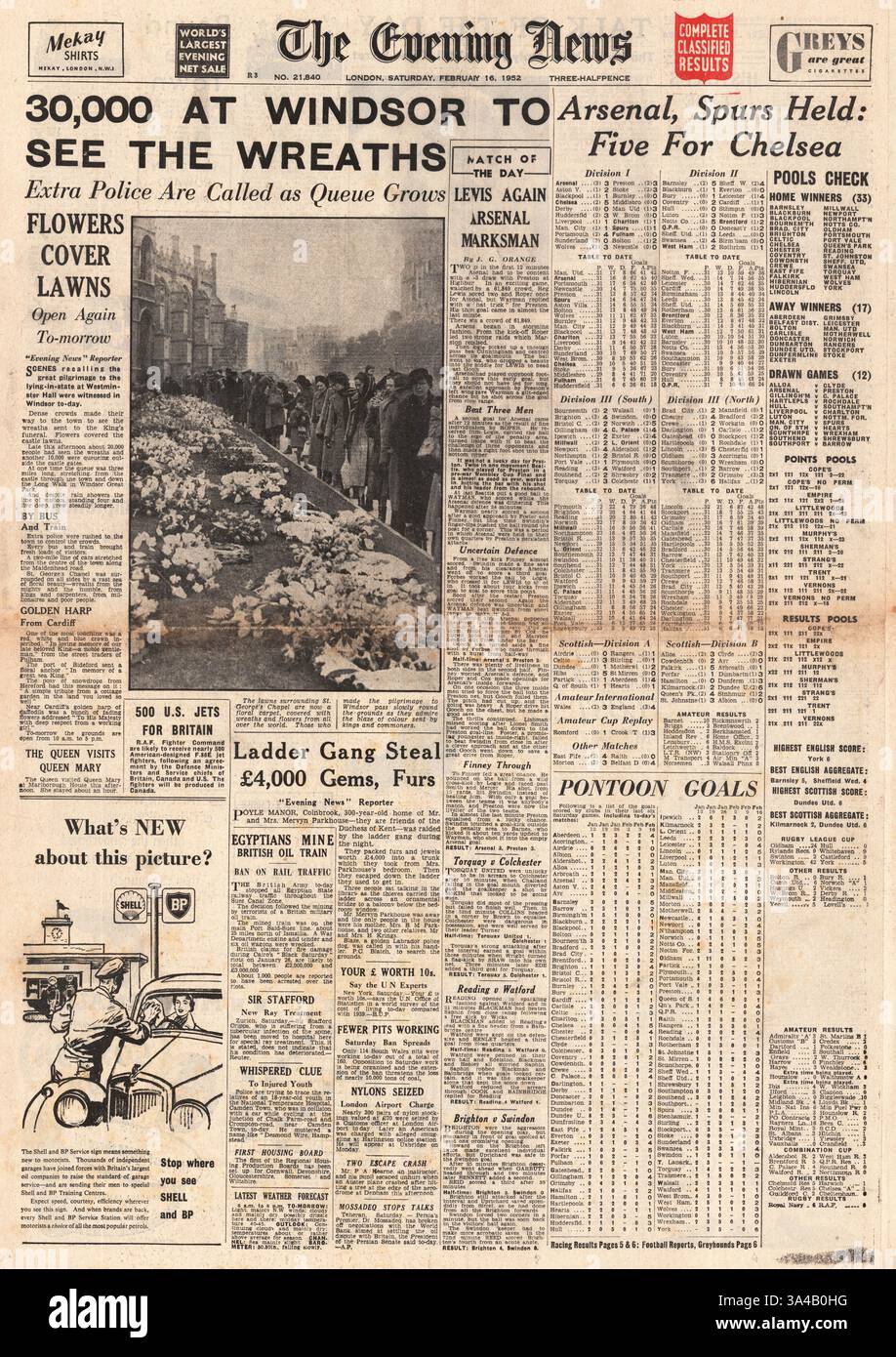 1952 Evening News front page reporting Funeral of King George VI at St ...