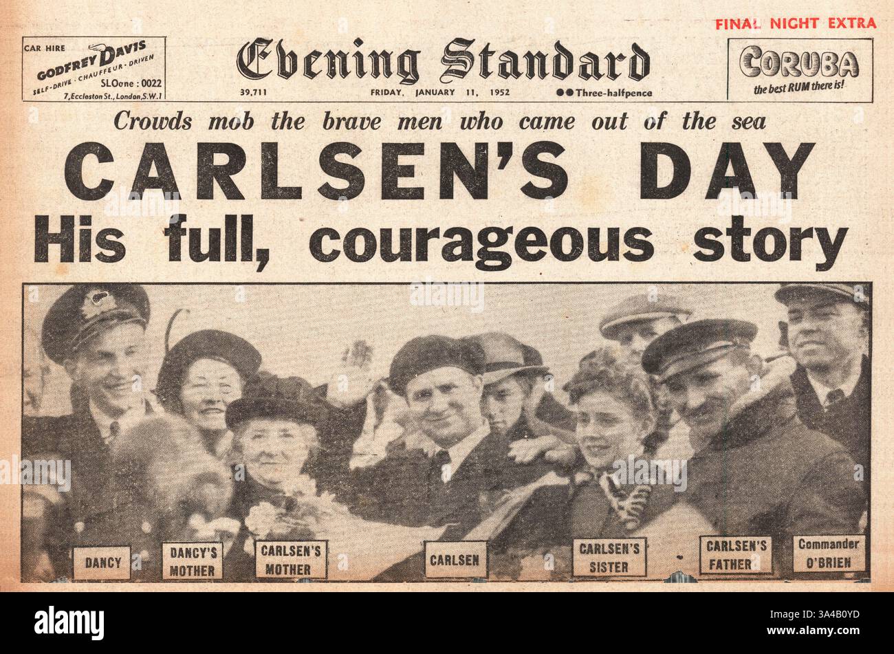 1952 Evening Standard front page reporting the sinking of the SS Flying ...