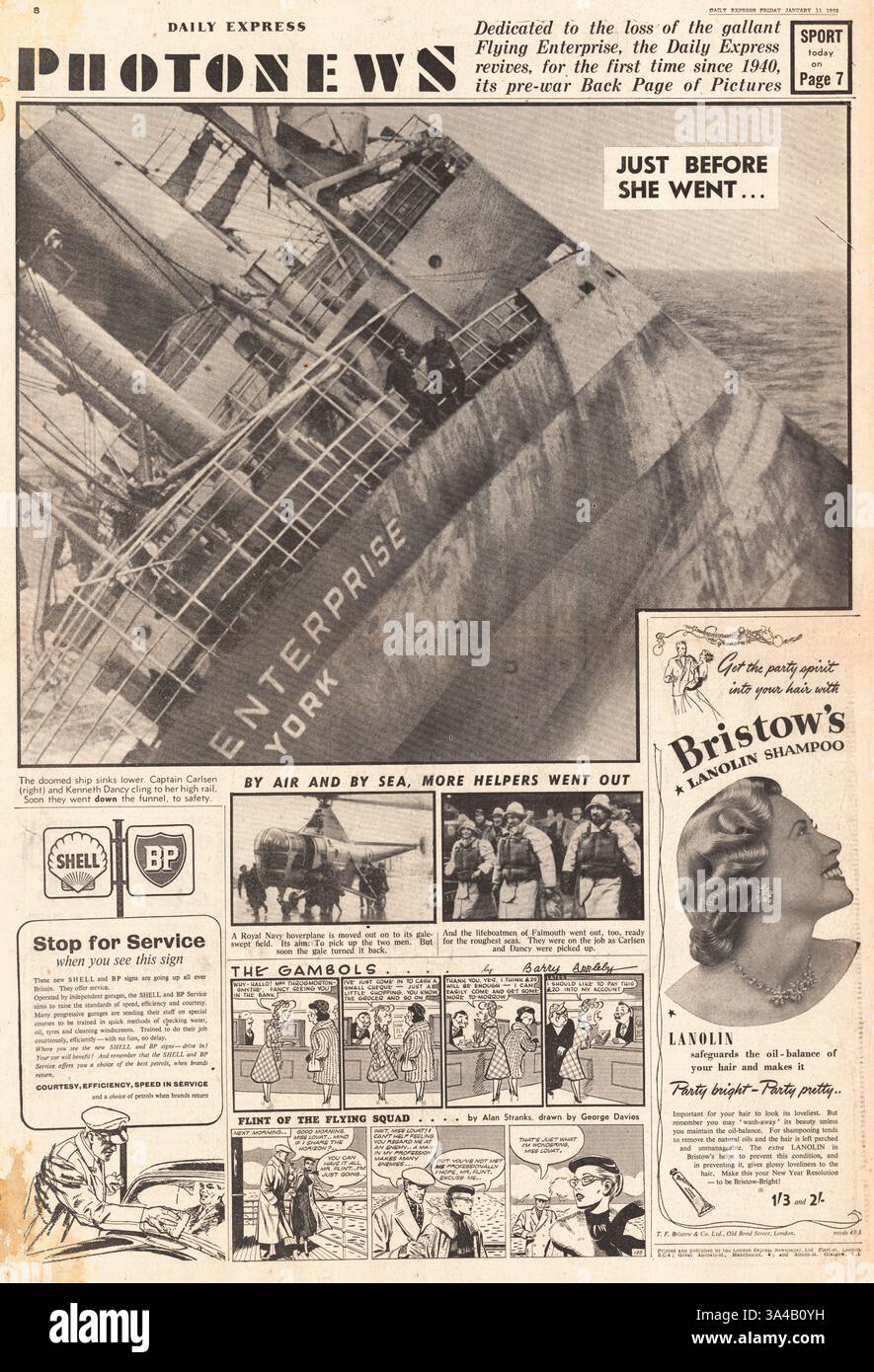 1952 Daily Express back page reporting the sinking of the SS Flying ...