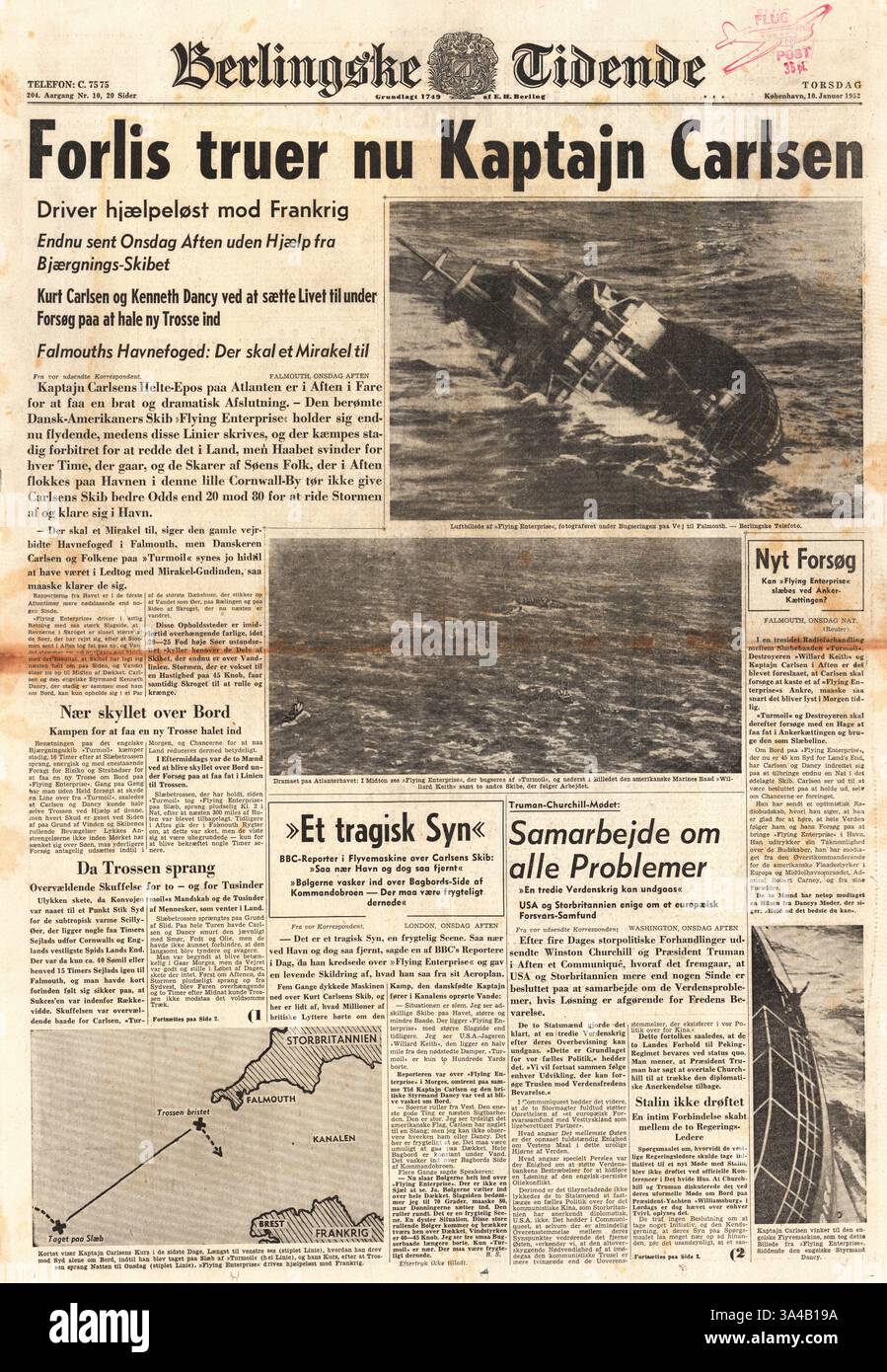 1952 Berlingske Tidende front page reporting the sinking of the SS ...