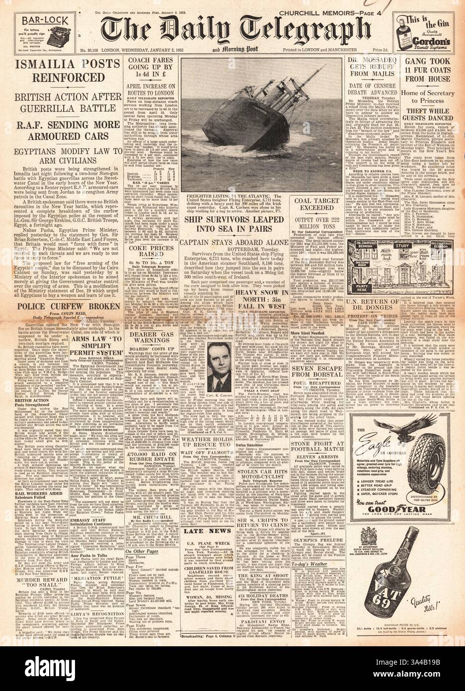 1952 Daily Telegraph front page reporting the sinking of the SS Flying ...