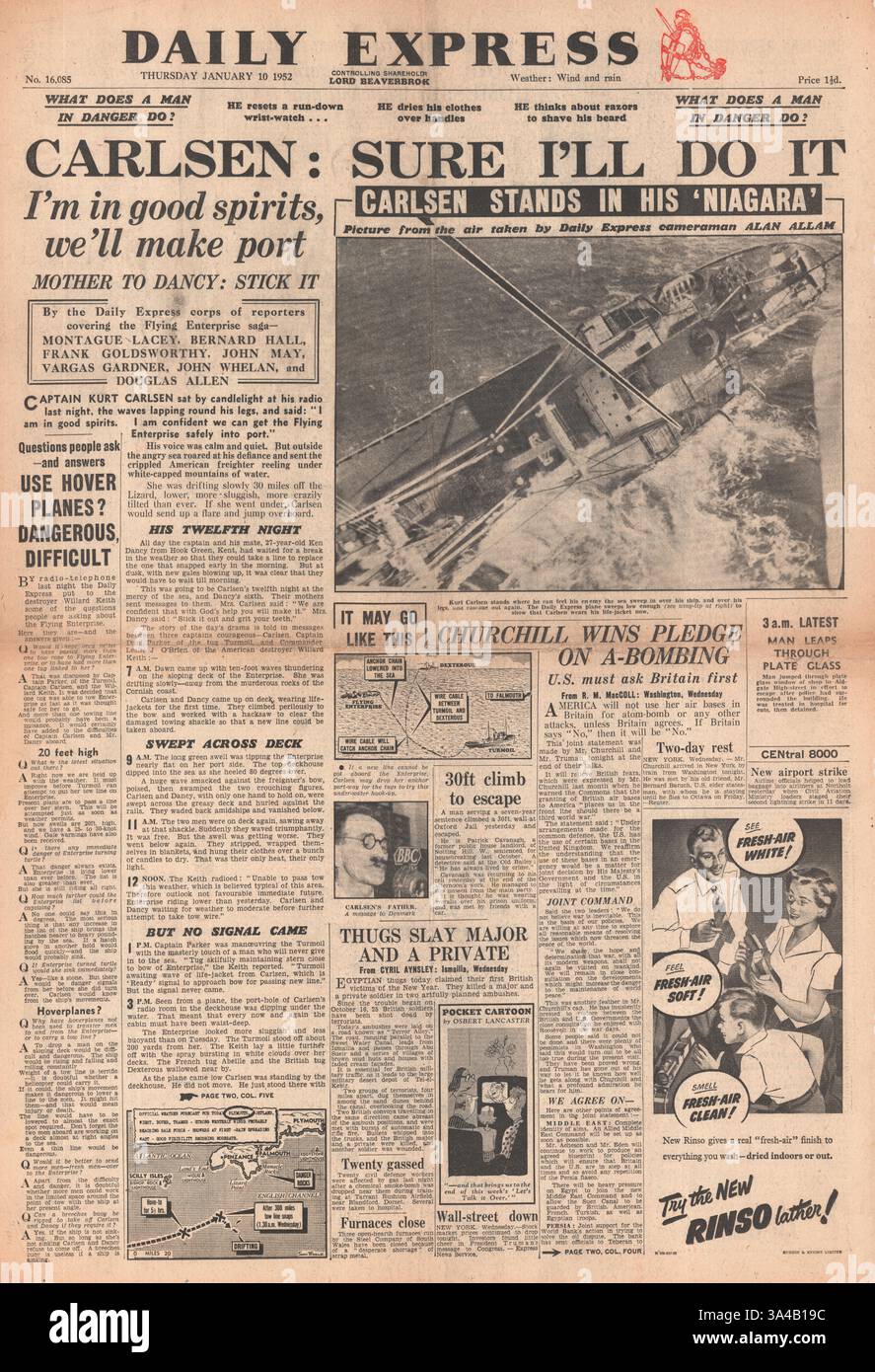 1952 Daily Express front page reporting the sinking of the SS Flying ...