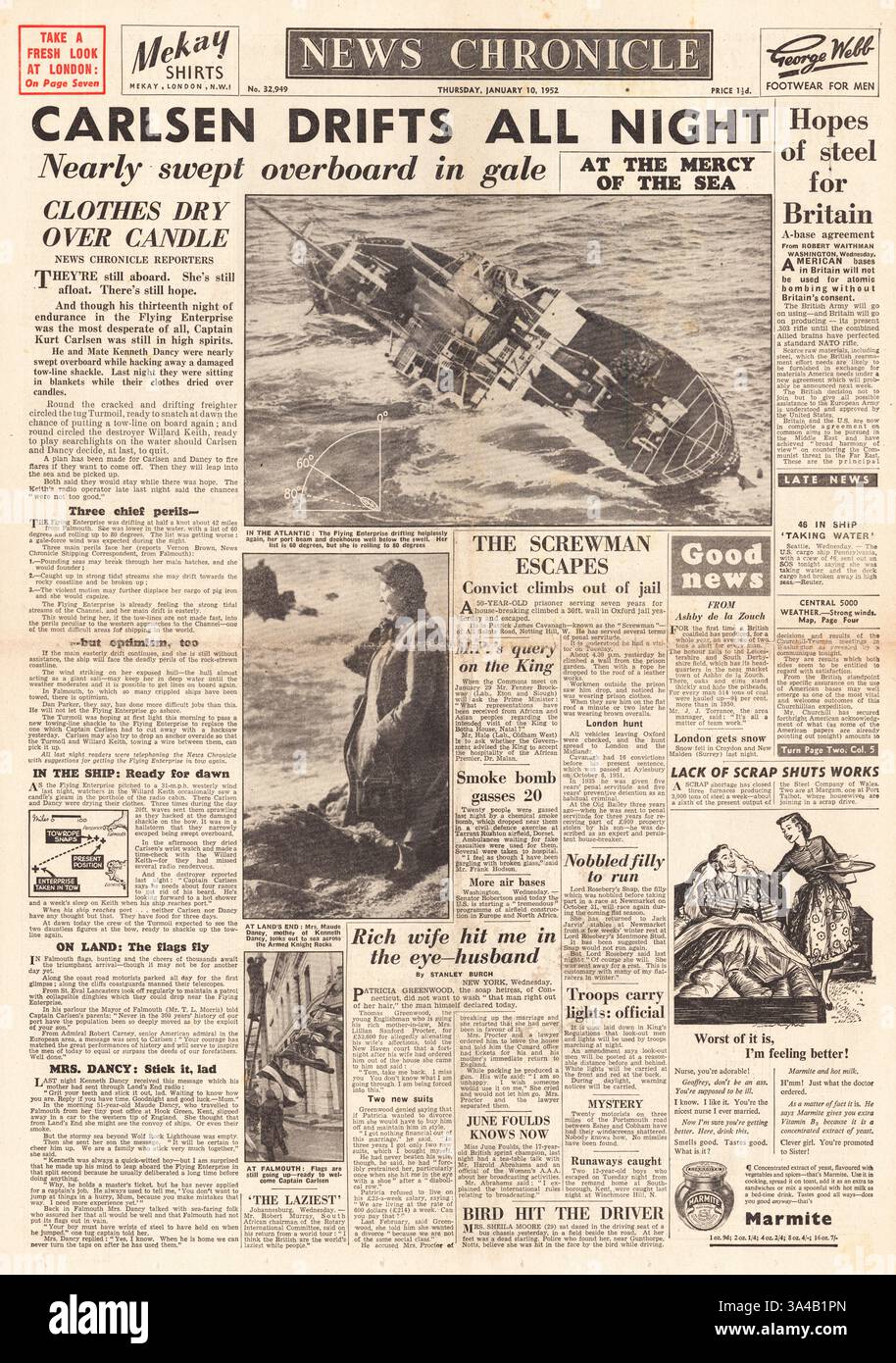 1952 news chronicle sinking of flying enterprise hi-res stock ...