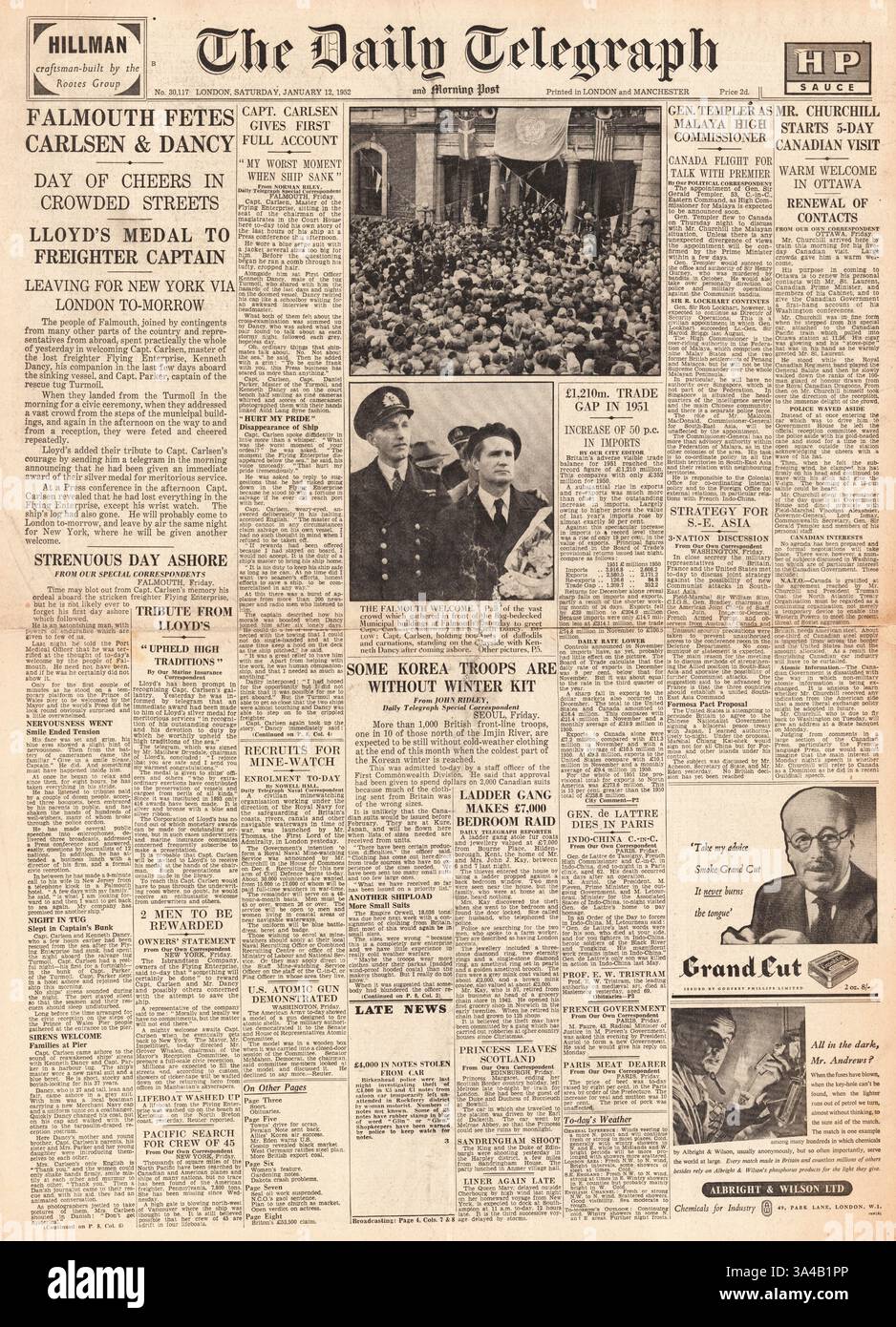 1952 Daily Telegraph front page reporting the sinking of the SS Flying ...