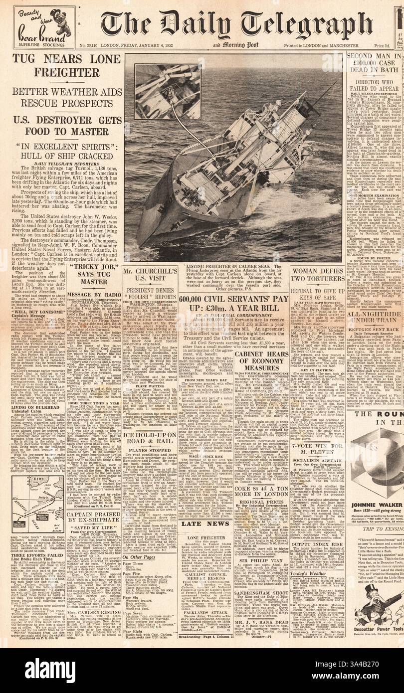 1952 Daily Telegraph front page reporting the sinking of the SS Flying ...