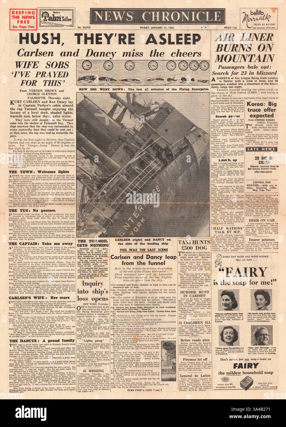 1952 News Chronicle front page reporting the sinking of the SS Flying ...