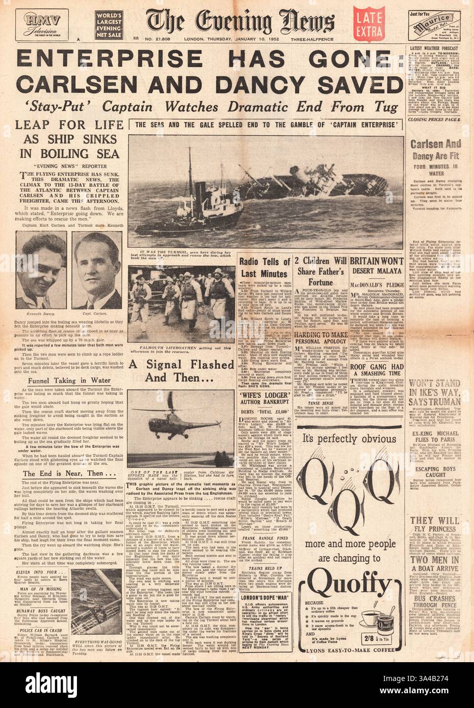 1952 Evening News front page reporting the sinking of the SS Flying ...