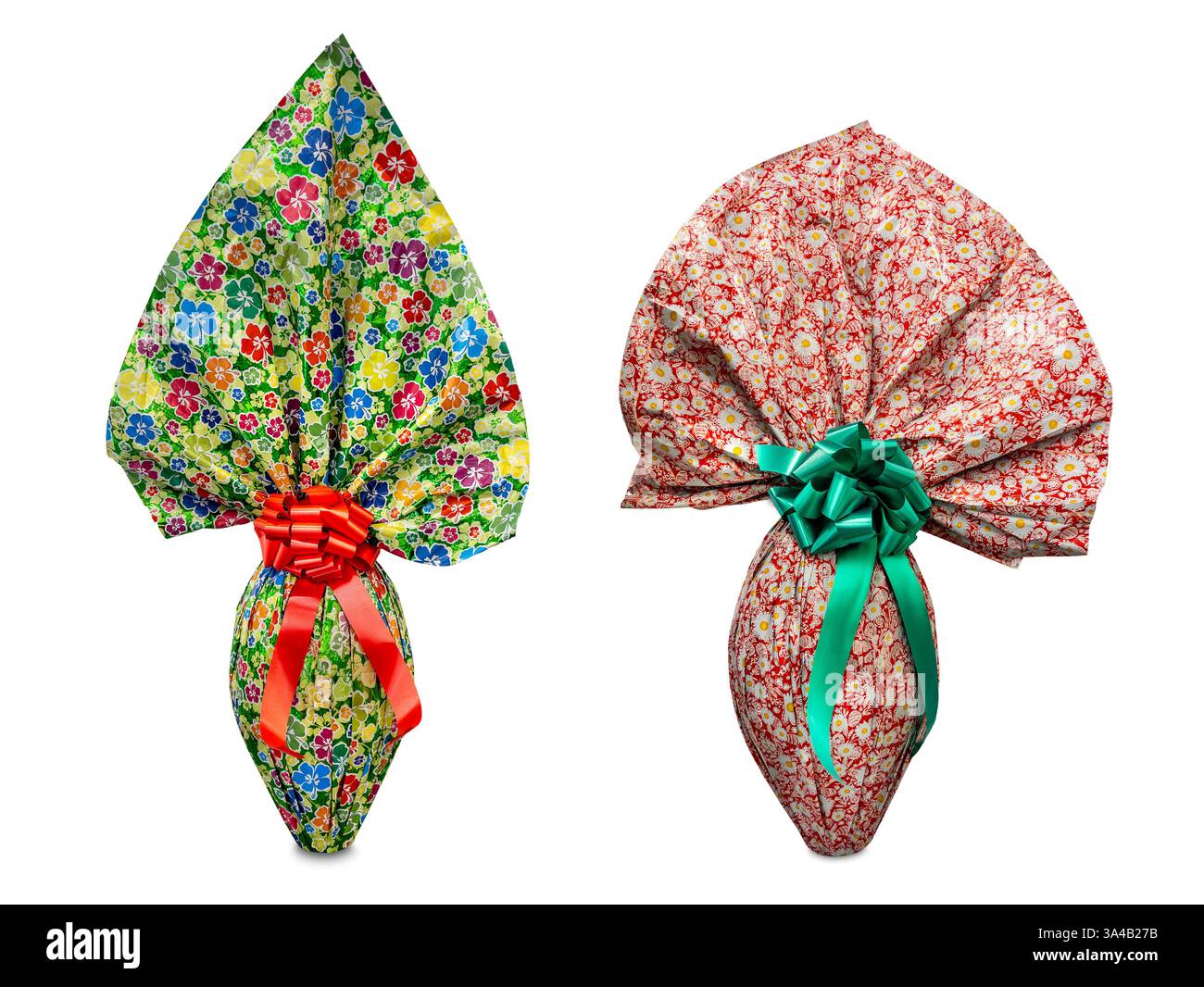 Easter chocolate eggs wrapped in multicolored paper with red and green satin bows isolated on ...