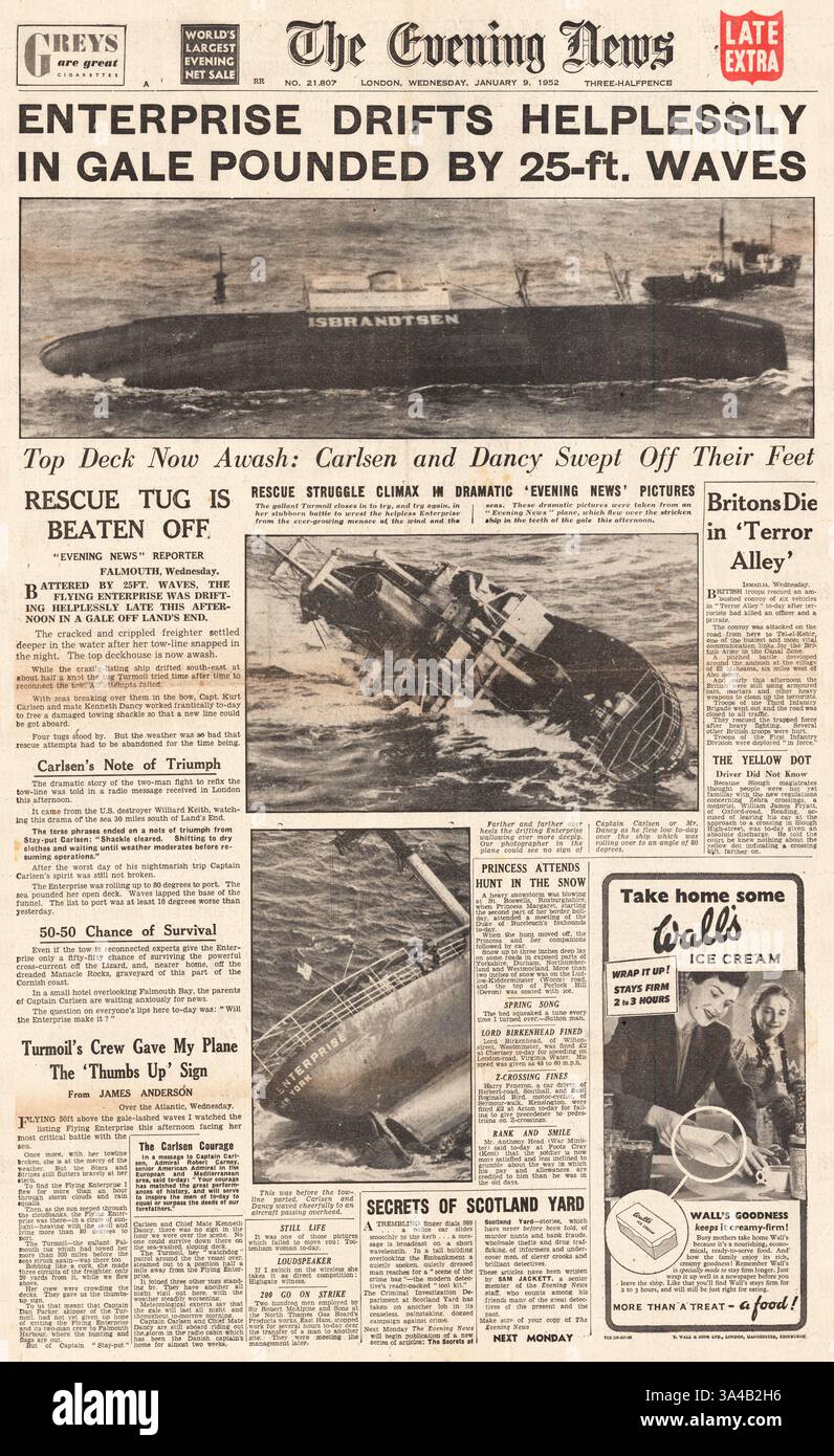 1952 Evening News front page reporting the sinking of the SS Flying ...