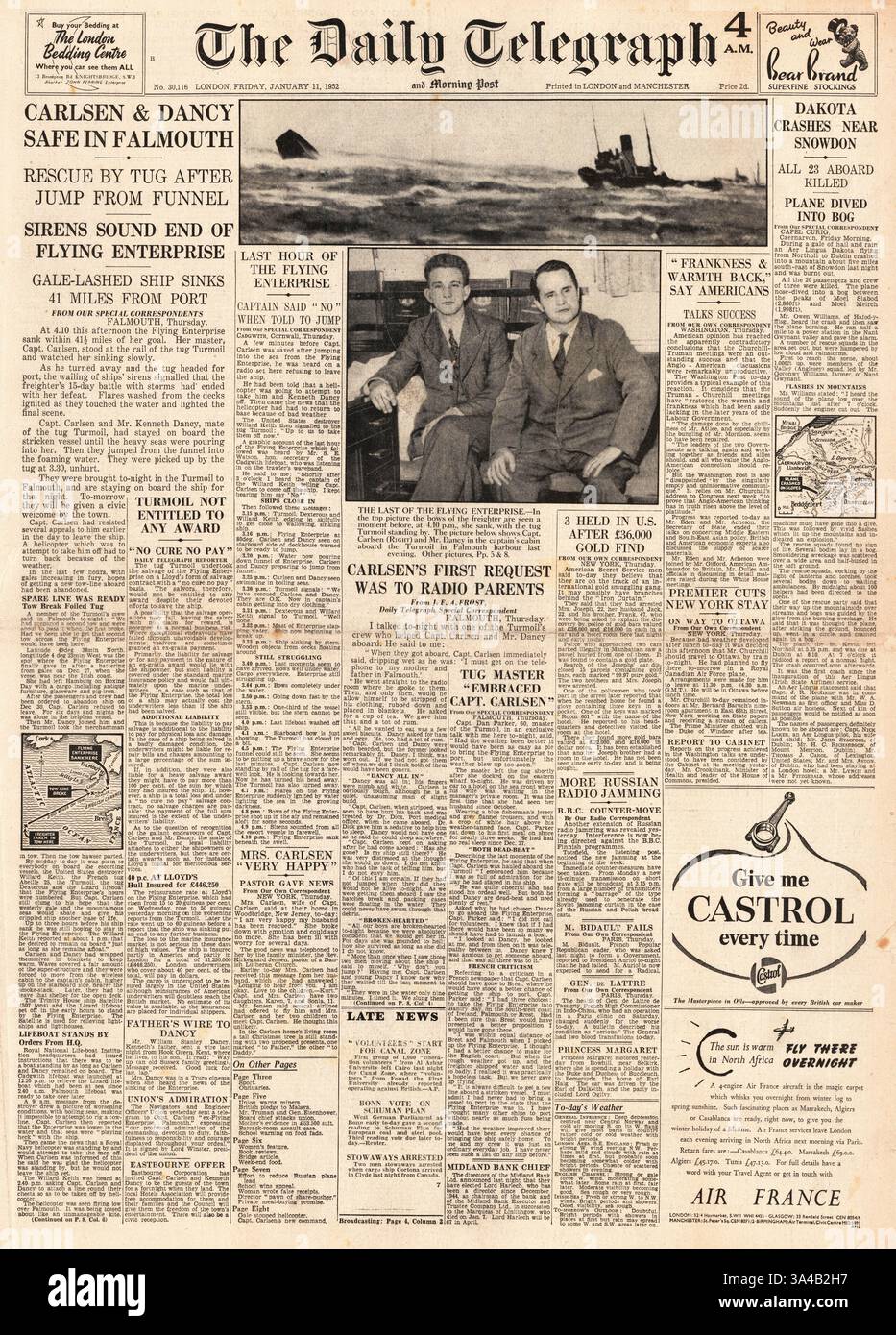 1952 Daily Telegraph front page reporting the sinking of the SS Flying ...