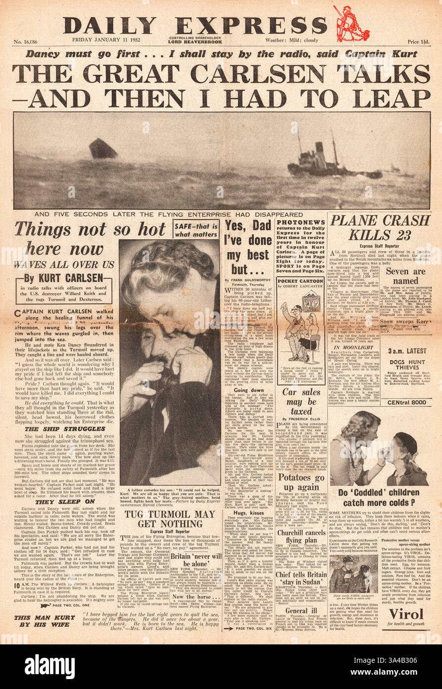 1952 Daily Express front page reporting the sinking of the SS Flying ...