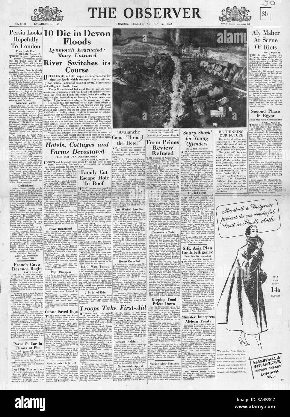1952 The Observer front page reporting Lynmouth flood disaster Stock ...