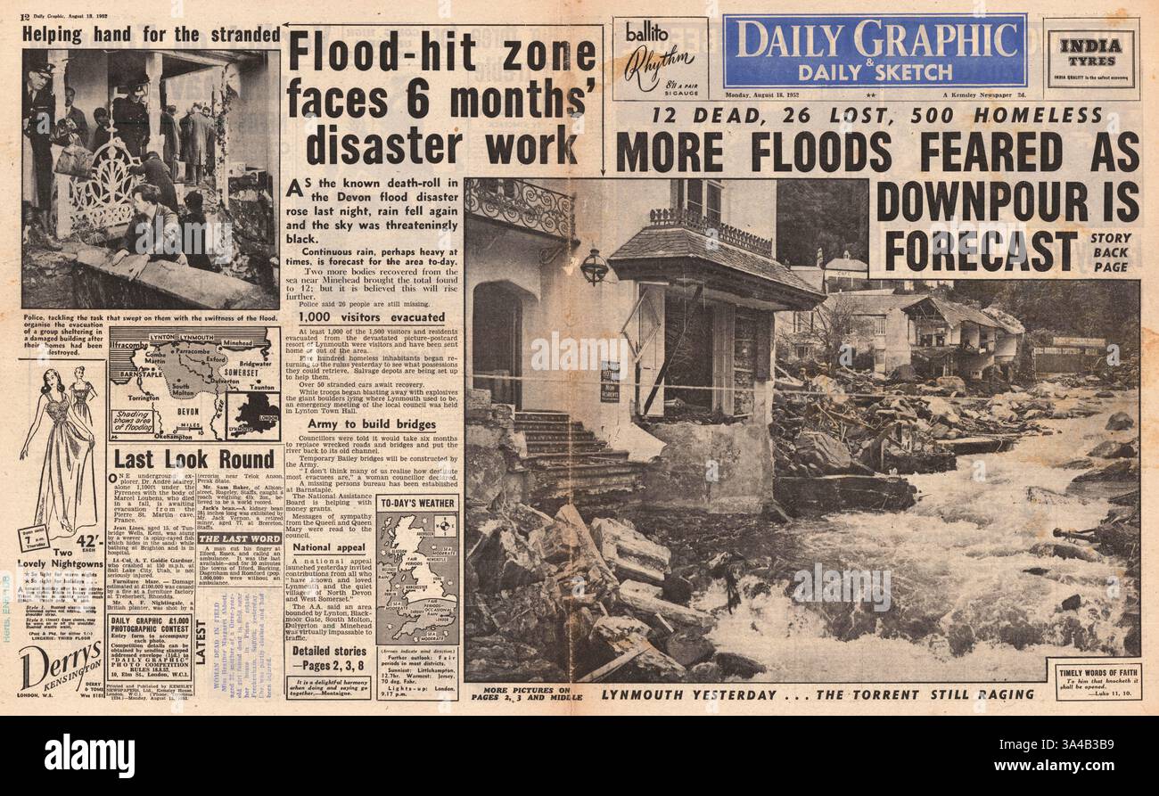 1952 Daily Graphic front page reporting Lynmouth flood disaster Stock ...