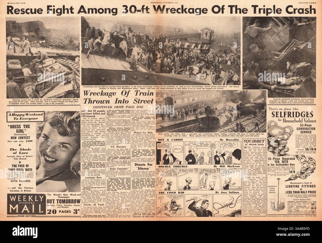 1952 The Star centre page reporting Harrow & Wealdstone train disaster ...