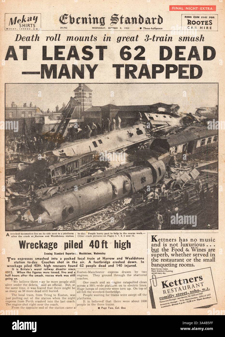 1952 evening standard harrow train disaster hi-res stock photography ...