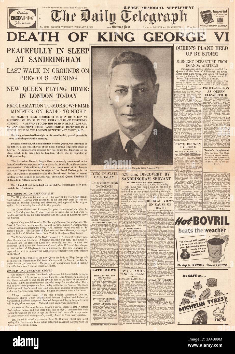 1952 Daily Telegraph front page reporting the death of King George VI ...
