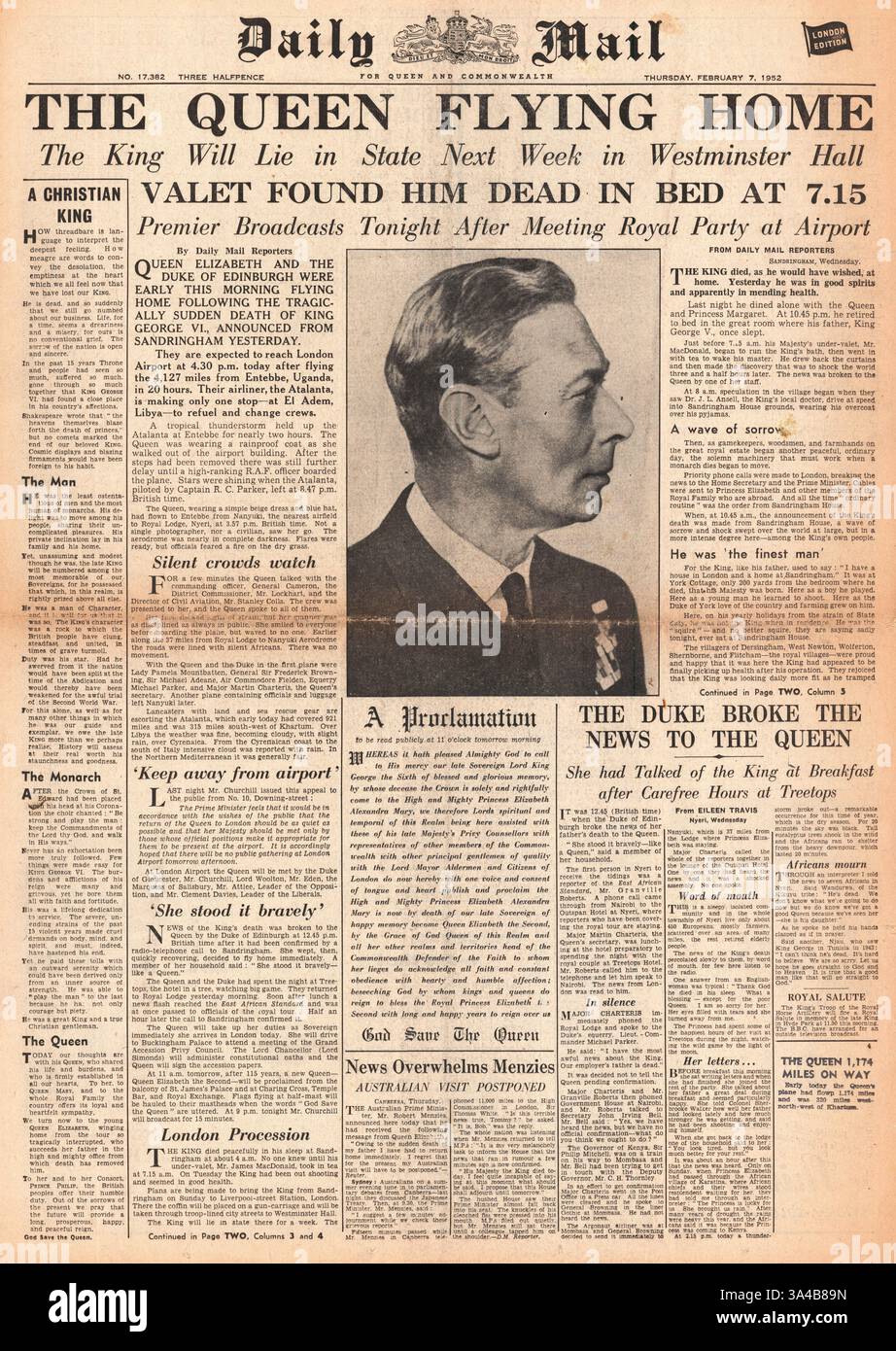 1952 Daily Mail front page reporting the death of King George VI and ...