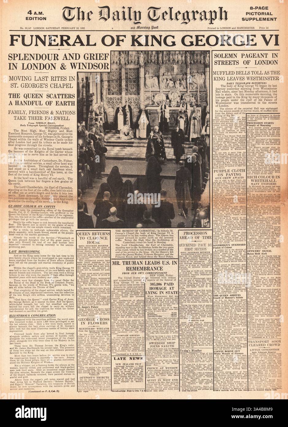 1952 Daily Telegraph front page reporting Funeral of King George VI at ...