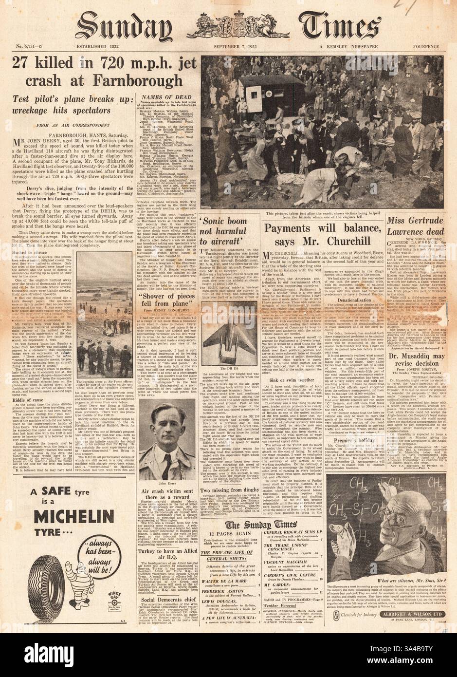 1952 Sunday Times front page reporting Farnborough air show disaster ...