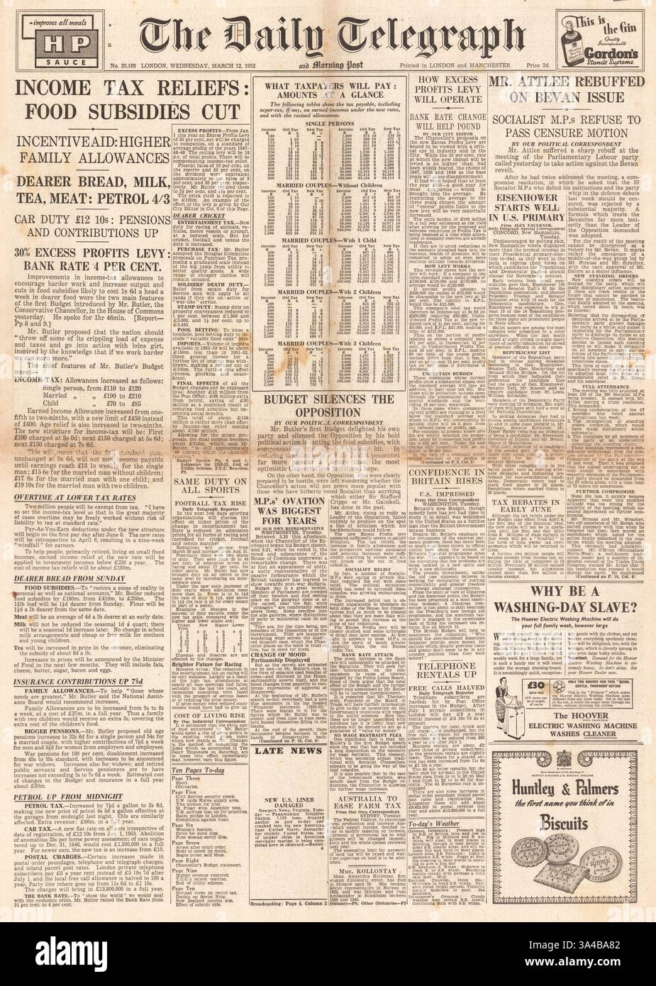 1952 Daily Telegraph front page reporting Rab Butler announces Budget ...