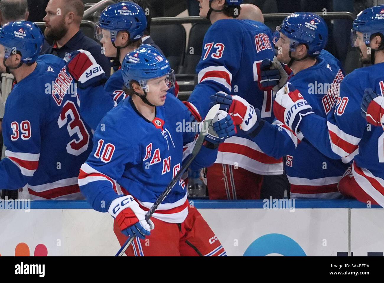 New York Rangers' Artemi Panarin (10) celebrates with teammates after ...