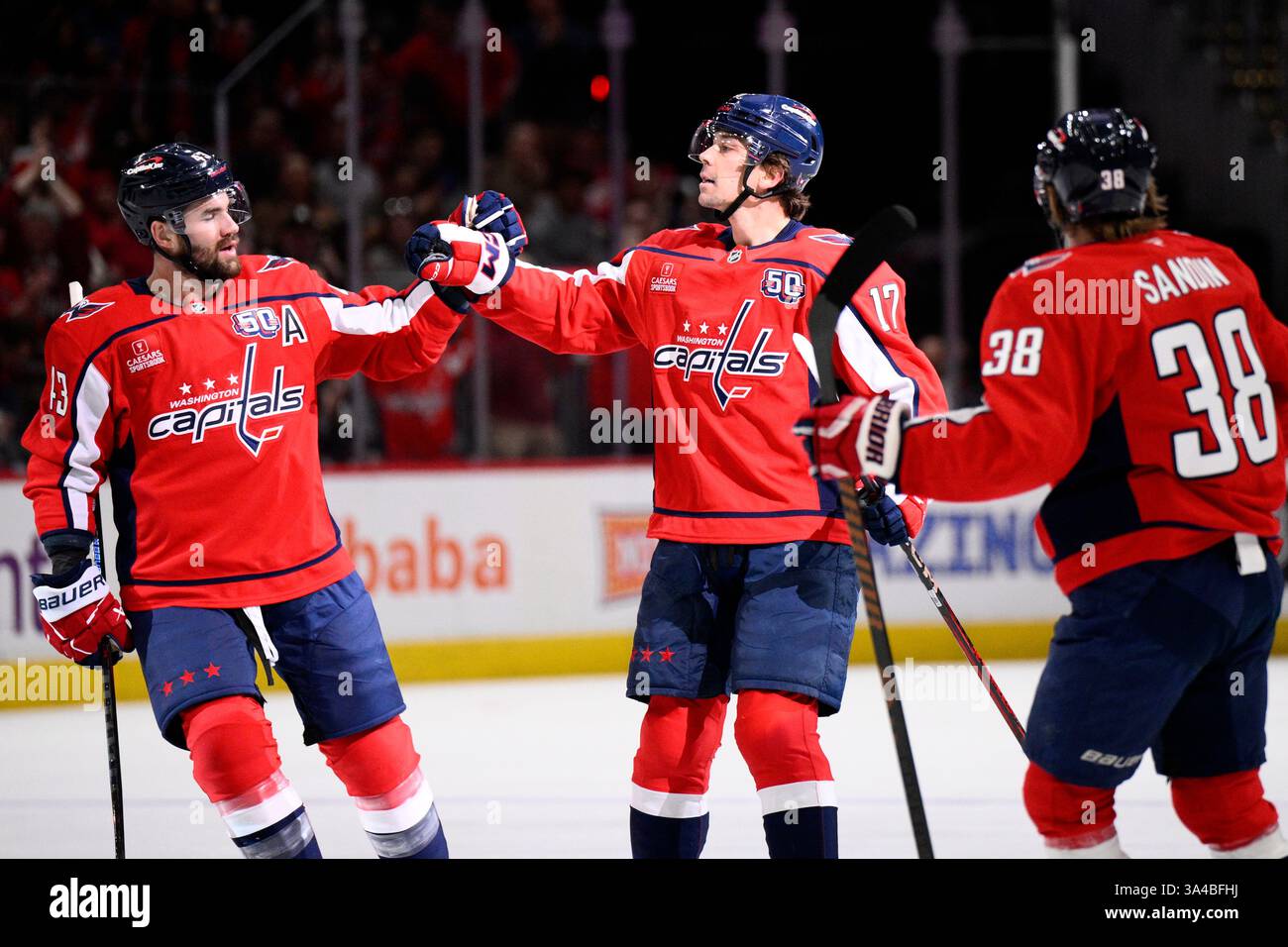 Washington Capitals center Dylan Strome (17) celebrates his goal with ...