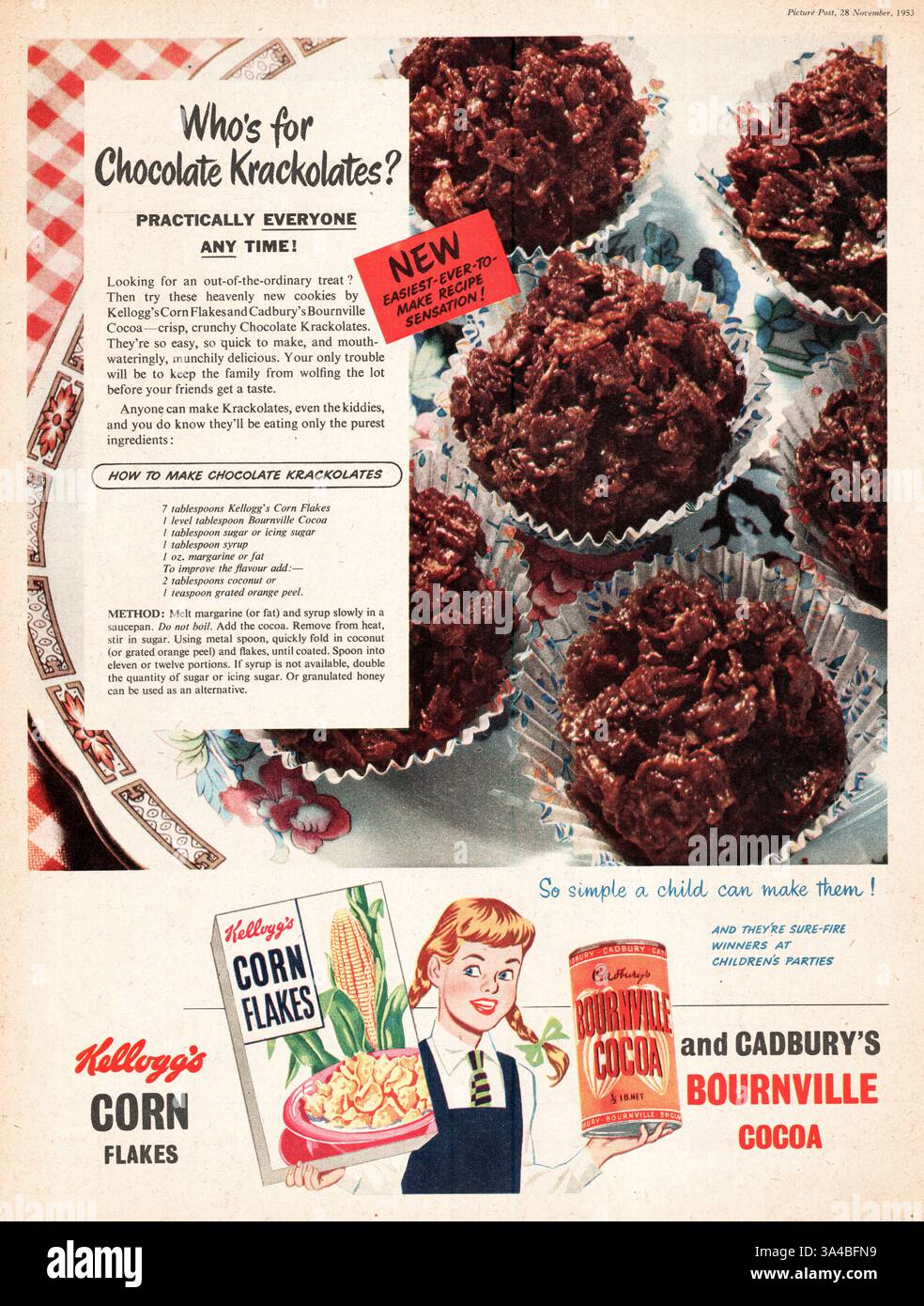 1953 UK magazine advert Kellogg's Corn Flakes recipe for Chocolate ...