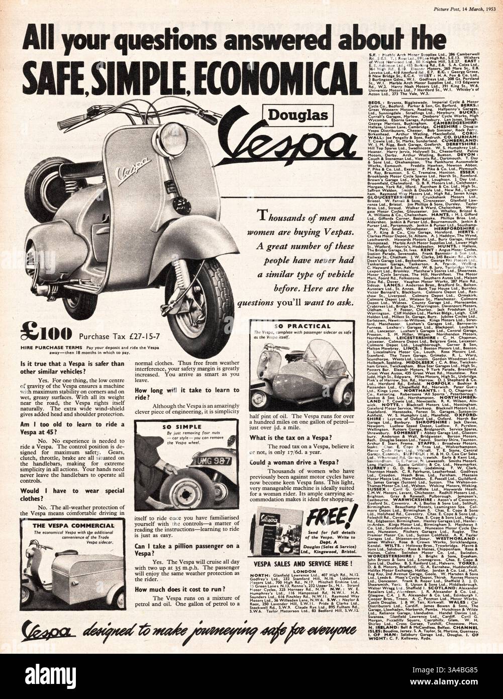 1953 UK magazine ad Vespa moped Stock Photo - Alamy