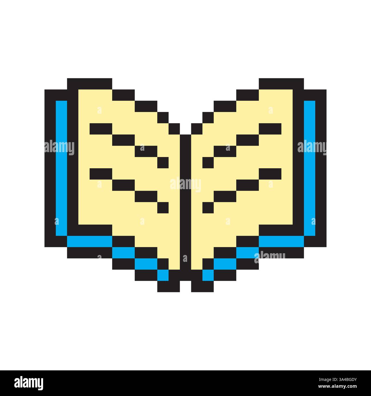 Open book pixel. Vector reading icon. Blue edge outline. Yellow page ...