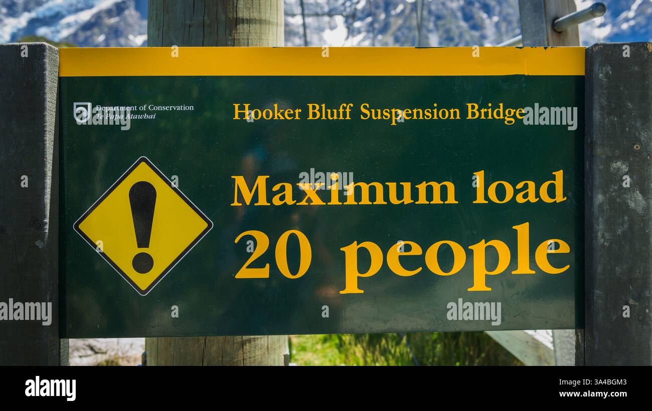 Load limit sign on the Hooker Bluff Suspension Bridge, Aoraki Mount ...